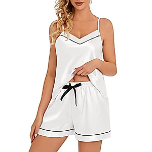SWOMOG Women's Silk Satin Pajamas Set Lingerie 2Pcs Pjs Cami Top and Shorts Nightwear White