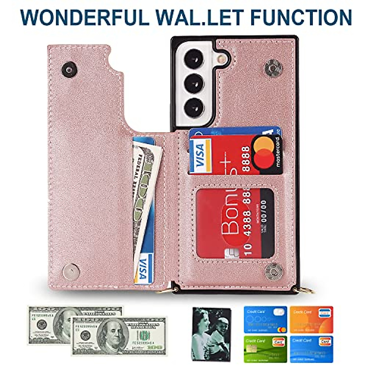 DEFBSC Compatible with Samsung Galaxy S22 Case, Crossbody Wallet Case, Adjustable Detachable Lanyard Neck Strap with Kickstand Leather Card Holder Protective Cover-Rose Gold