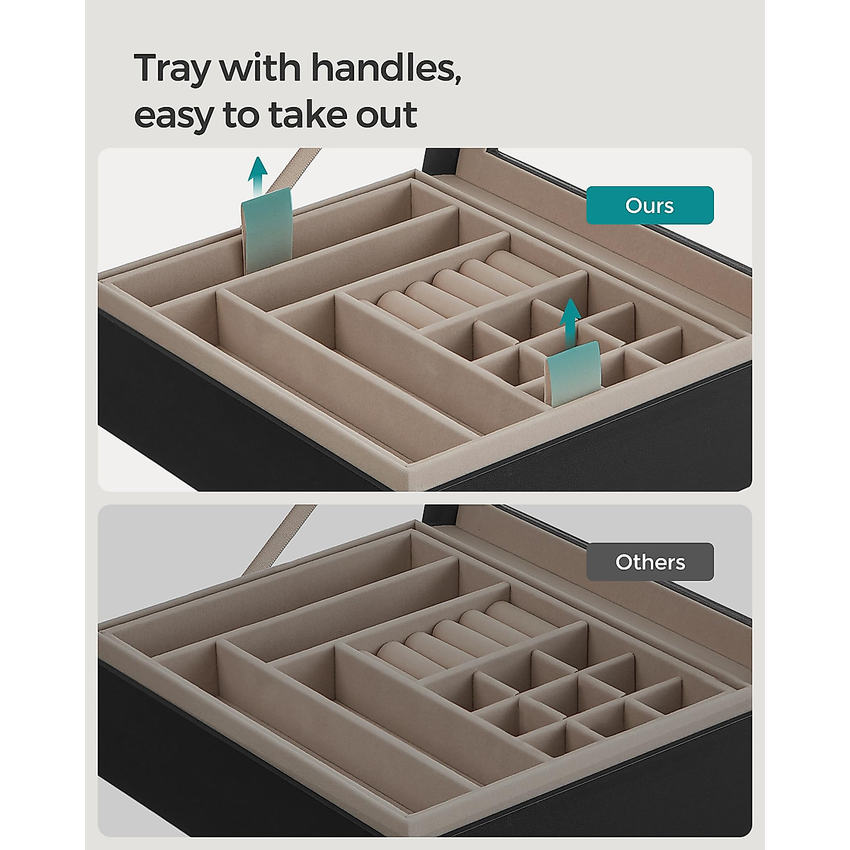 SONGMICS Jewelry Box with Glass Lid, 2-Layer Jewelry Organizer with Removable Tray, Jewelry Storage, Modern Style, Gift for Loved Ones, Graphite Black and Metallic Gold UJBC238B01