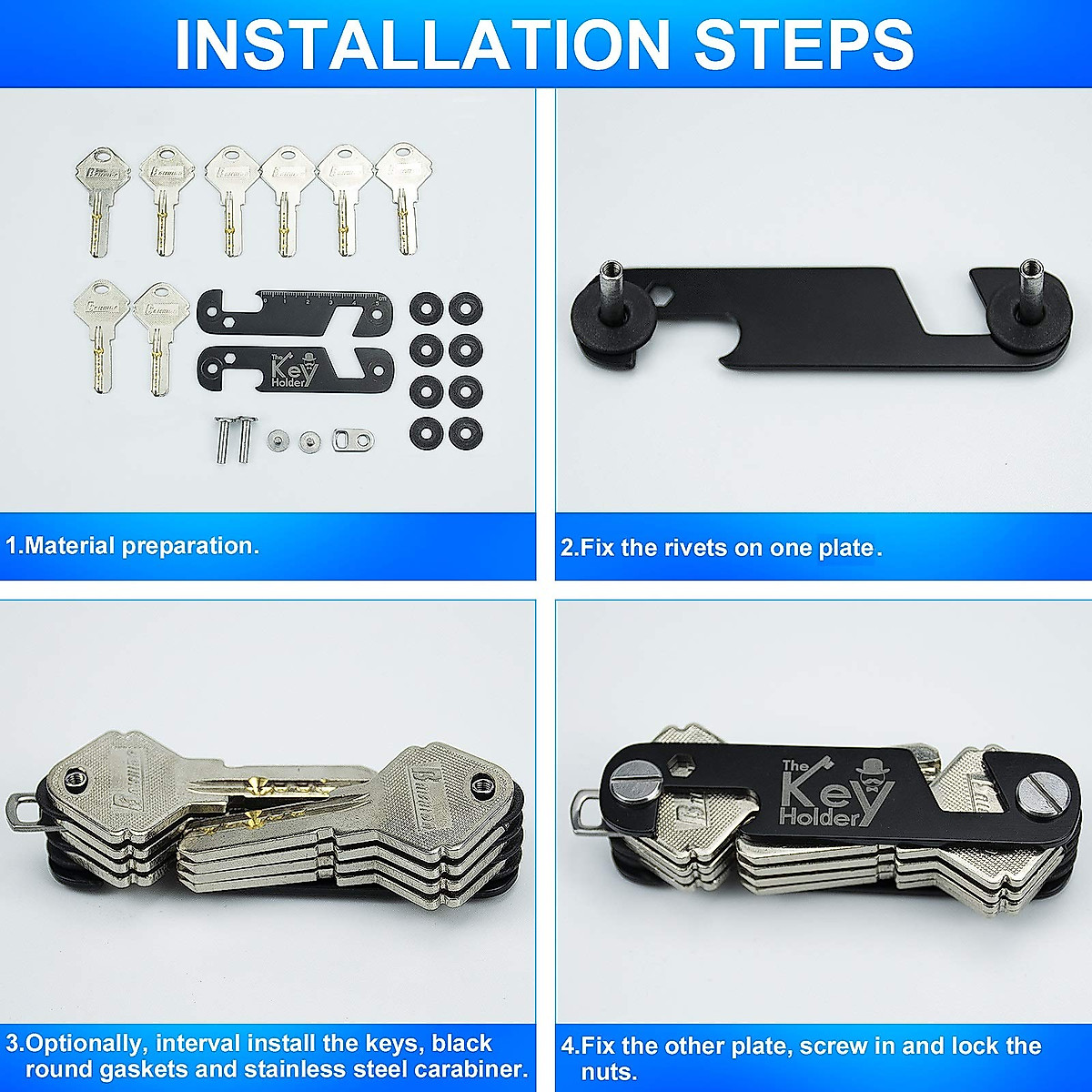 2PCS Key Organizer Keychain, Compact Key Holder Keyring, Smart & Light-weight Multi-tool Folding Key Chain with Bottle Opener/Phone Stand (Up to 6~10 Keys, Black & Silver)