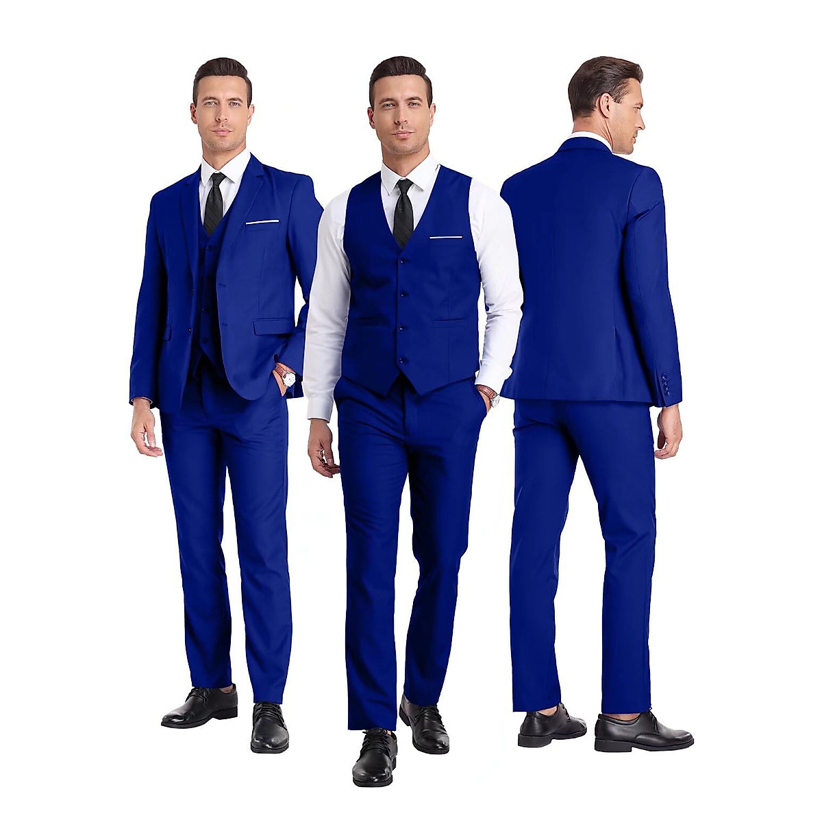 Men's 3 Piece Suit 2 Button Business Wedding Prom Slim Fit Suits Blazer Formal Tuxedo Vest & Trousers Royal Blue XL
