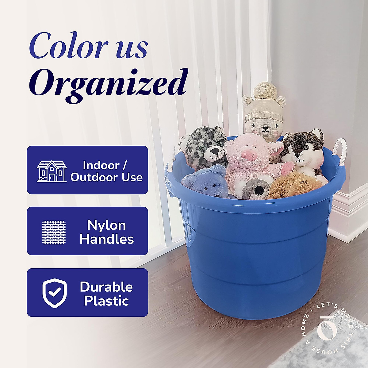 HOMZ 17-Gallon Plastic Multipurpose Utility Storage Bucket Tub with Strong Rope Handles for Indoor and Outdoor Use, Blue (4 Pack)