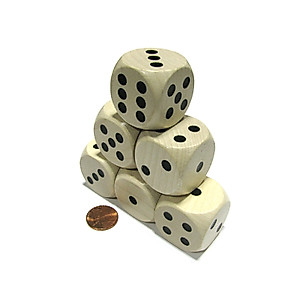 Koplow Games Set of 6 D6 Large Jumbo 30mm Rounded Wood Dice - Wooden with Black Pips