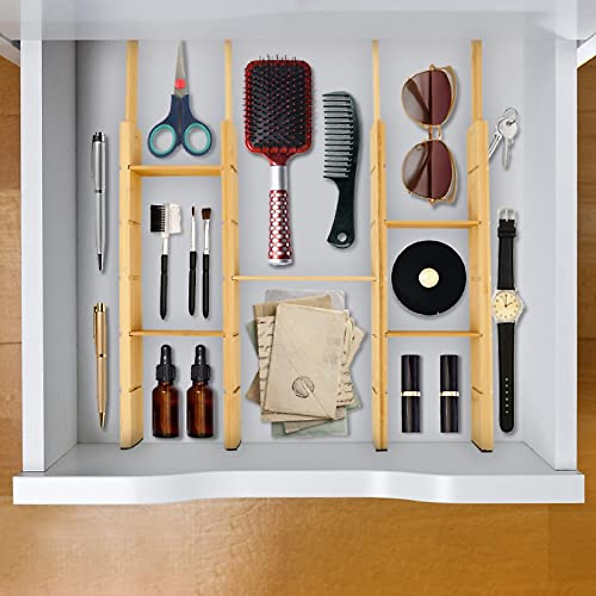 Bamboo Drawer Dividers with 6 Inserts, Expandable Drawer Organizer, Spring Loaded Adjustable Kitchen Drawer Organizer for Clothes Silverware Knife Utensil, Drawer Separators 4-Pack (17-22 inch)