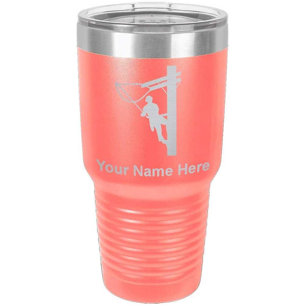 LaserGram 30oz Vacuum Insulated Tumbler Mug, Lineman, Personalized Engraving Included (Coral)