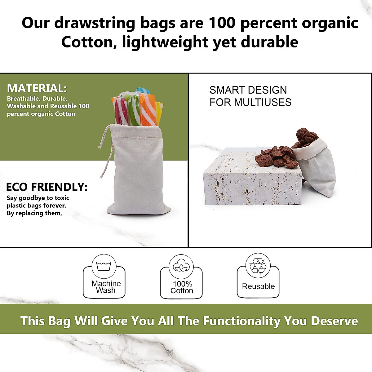 Reusable Eco friendly 10x12 Inches Cotton Thick Single Drawstring Muslin Bags "premium quality (Natural Color)-25 count pack