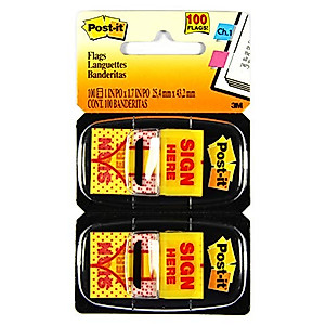 Post-it Message Flags, "Sign Here", 50/Dispenser, 2 Dispensers/Pack, 1 in Wide, Yellow (680-SH2)