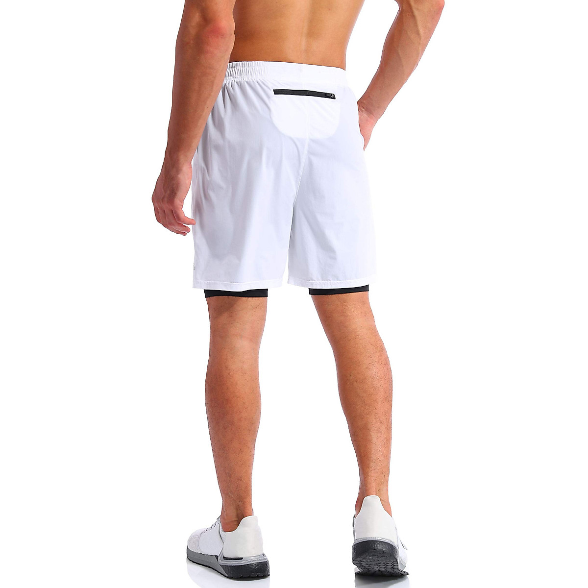 Pudolla Men’s 2 in 1 Running Shorts 7" Quick Dry Gym Athletic Workout Shorts for Men with Phone Pockets(White Medium)