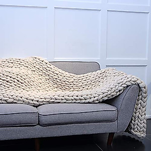EASTSURE Chunky Knit Blanket Bulky Throw Merino Wool Hand Made Bed Sofa Throw Super Large,Beige,40"x40"