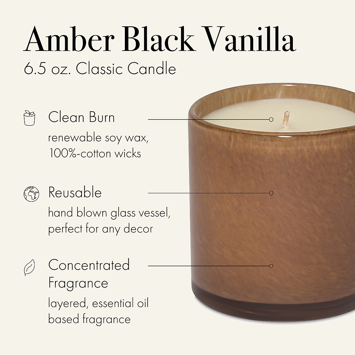 LAFCO New York Classic Candle, Amber Black Vanilla - 6.5 oz - 50-Hour Burn Time - Reusable, Hand Blown Glass Vessel - Made in The USA
