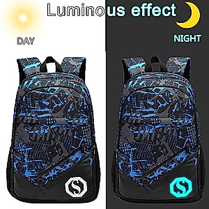 Backpack for Kids Boys Elementary Bookbag 17 Inch Middle School Bag Primary Waterproof Rucksack for Teens Travel Fits Ages 6+ YO（Graffiti-Blue Black)