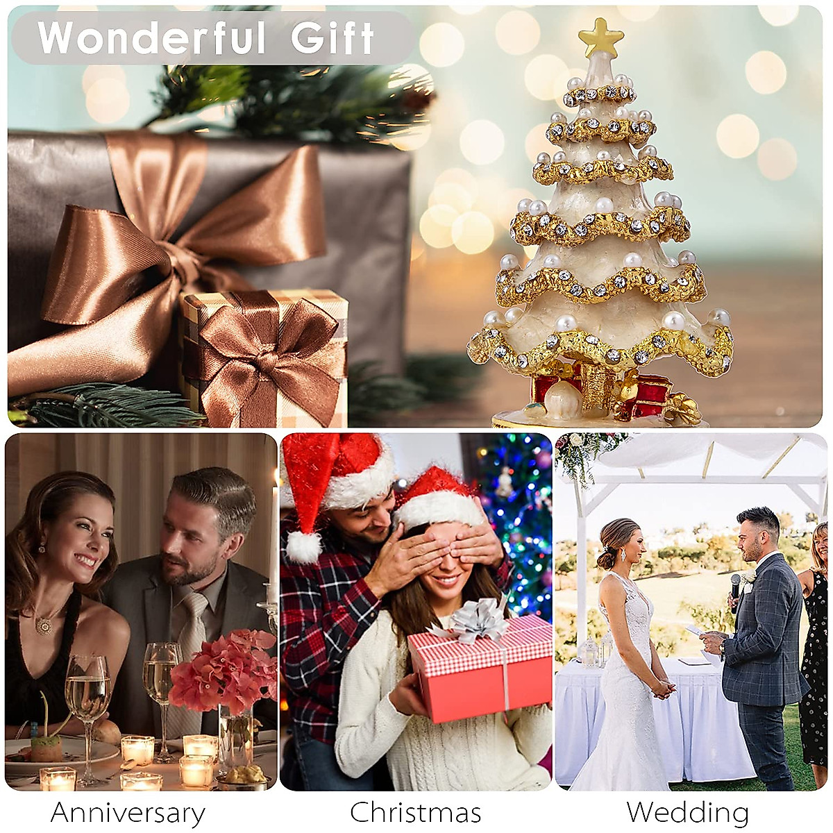 QFkris Christmas Tree Jewelry Trinket Boxes Hand Painted Enameled with Shinning Rhinestones, Ring Holder, A Surprise Gift Christmas Decor