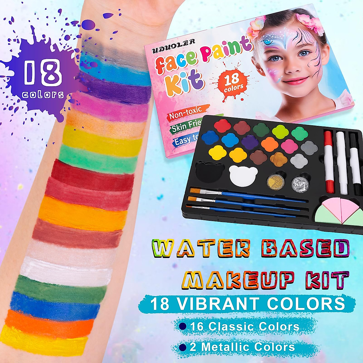 Face Painting Kit for Kids,18 Colors Face Paint Kit with Stencils Professional,Water Based Non Toxic Facepaint Makeup Kit with Gem Sticker Brushes Crayons for School Carnival,Halloween,Christmas Party