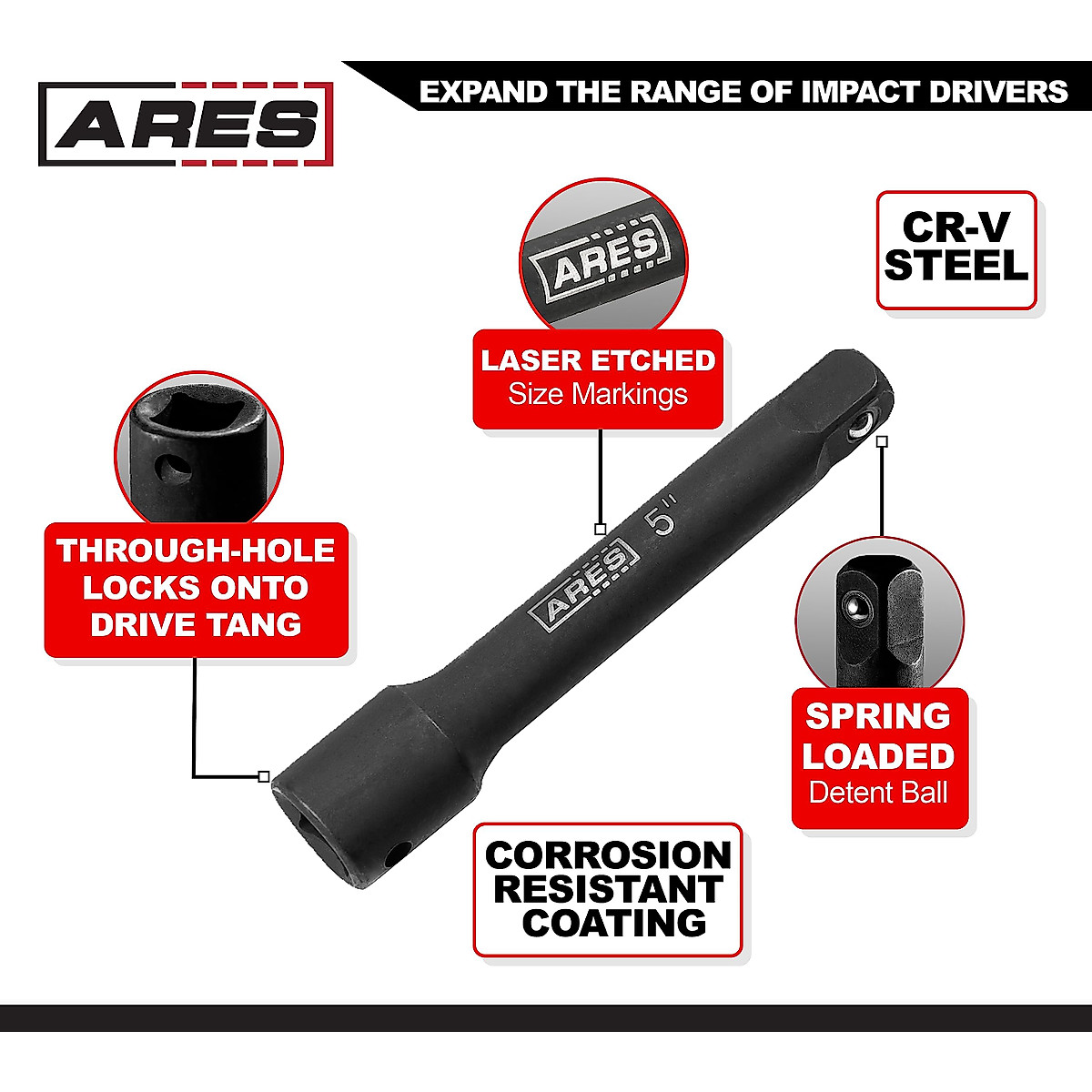 ARES 70031-1/2-Inch Drive Impact Extension Bar Set - 3-Inch, 5-Inch, and 10-Inch Laser Etched Socket Extensions Expand the Range of Impact Drivers