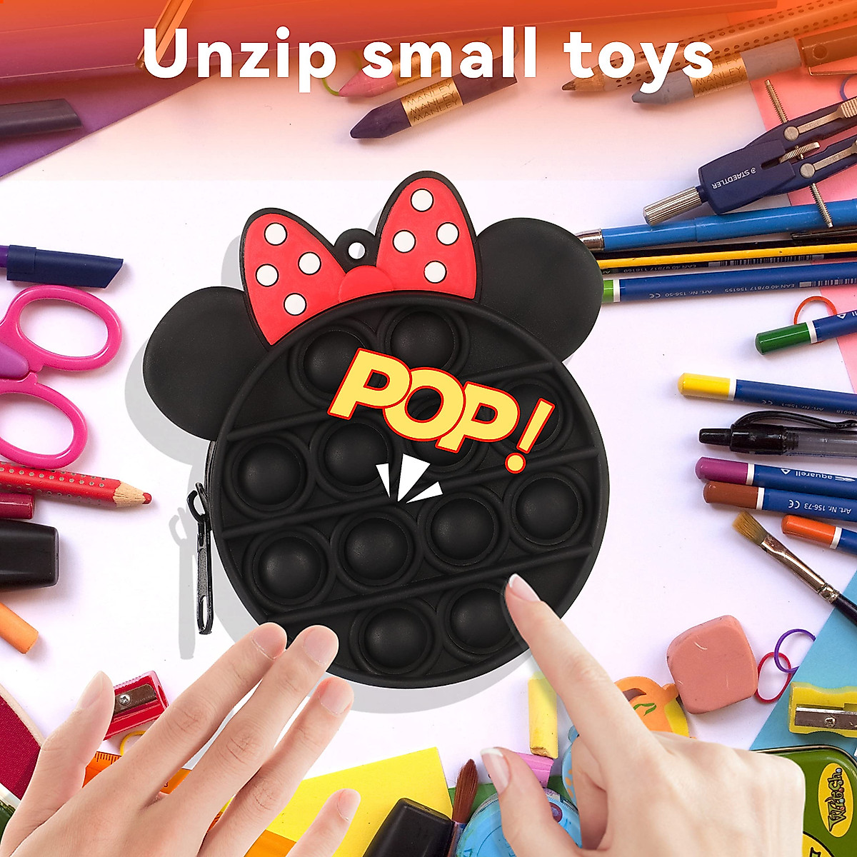 Besoar Black Bow Coin Purse for Girls Kids Women Teen Child Fidget Fidgets Toy Toys Change Purses Coins Cute Beauty Kawaii Small Mini Zipper Silicone Pouch Keychain Cartoon Design Cool Pouches