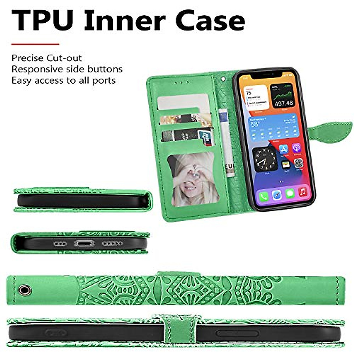 ONV Wallet Case for Oppo Reno 7 SE -1.5M Adjustable Strap Emboss Feather Flip Phone Case Card Slot Magnet Leather Shell Flip Stand Cover for Oppo Reno 7 SE [MZY] -Green