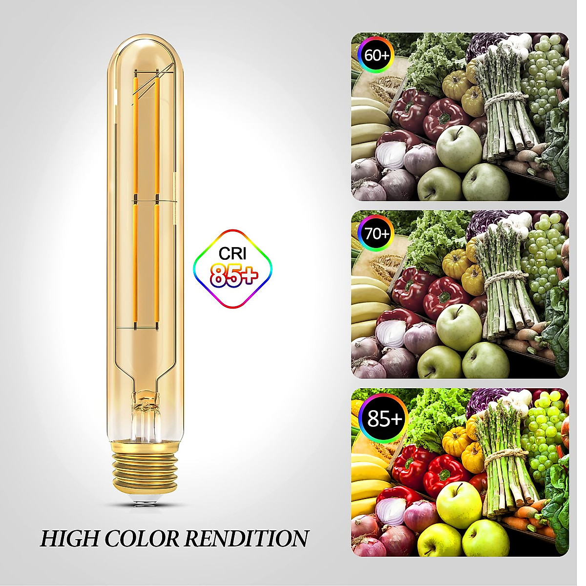 Tubular Light Bulb 7.3 Inch, Amber Long Tube Light Bulb T10 2700K Soft White Dimmable E26 LED Edison Bulbs 60 Watt Equivalent for Chandelier Vanity Outdoor Exterior Wall Sconce Pendant Light, 4Pack