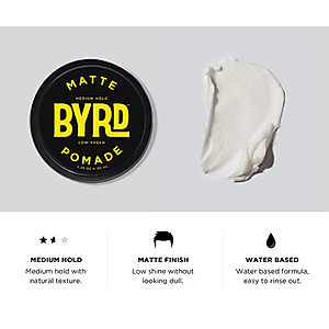 BYRD Hair Matte Pomade - Medium Hold, No Sheen, For All Hair Types, Mineral Oil & Paraben Free, Phthalate & Sulfate Free, Cruelty-Free, Water Based, 3.35oz