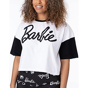 Barbie Womens Pyjama Set | Ladies White Cropped T-Shirt & Black Elasticated Shorts Complete PJs | Fashion Doll Sleepwear