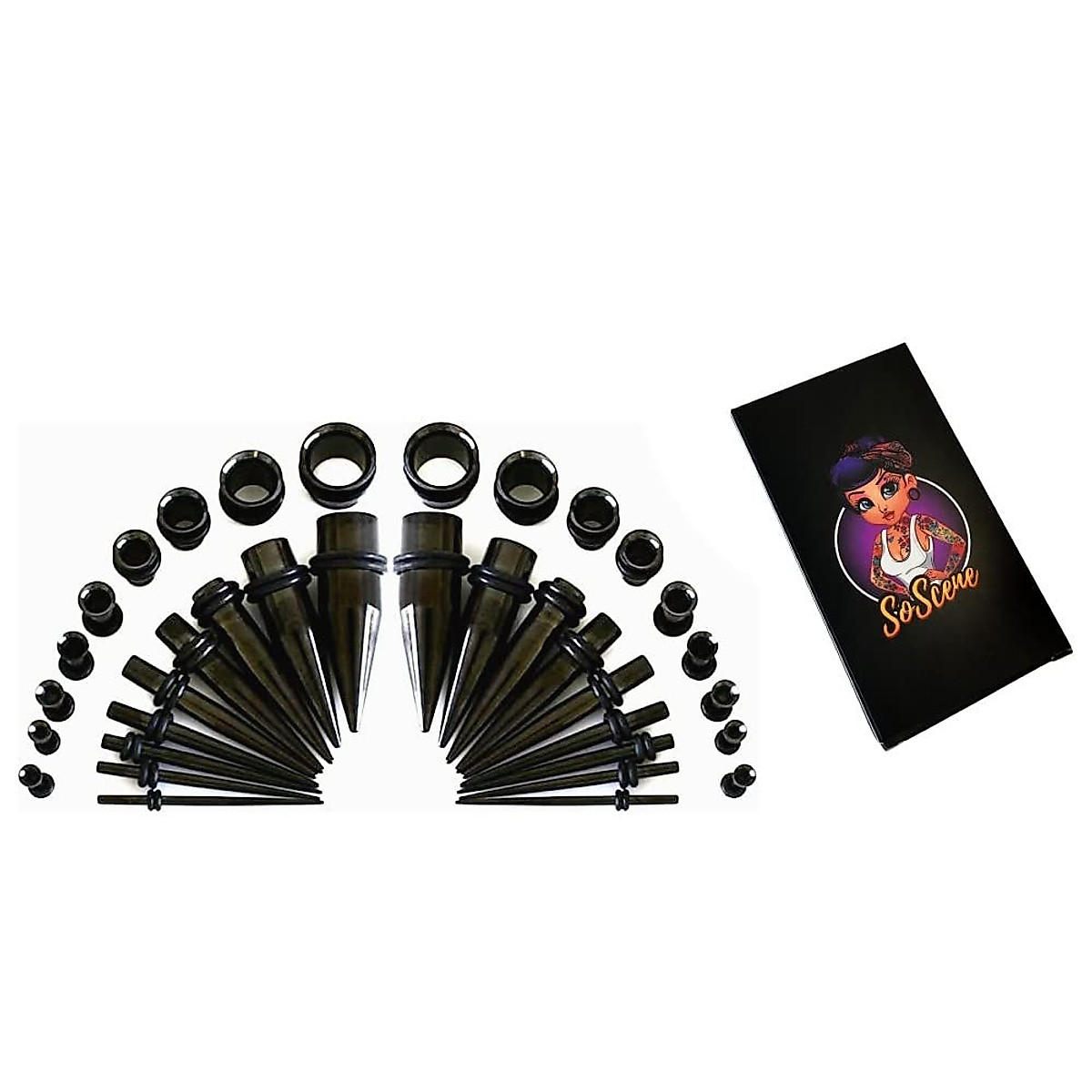 So Scene 36 Piece Ear Stretching Kit-Tapers and Plugs Ear Gauging Black Titanium 00g-14g