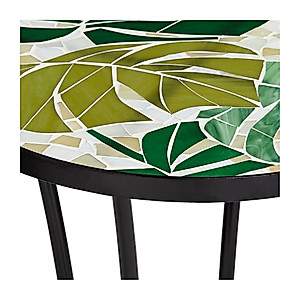 Teal Island Designs Tropical Leaves Black Metal Round Outdoor Accent Side Table 14" Wide Green Mosaic Tabletop Gracefully Curved Legs for Spaces Front Porch Patio Home House Balcony Deck Shed Yard