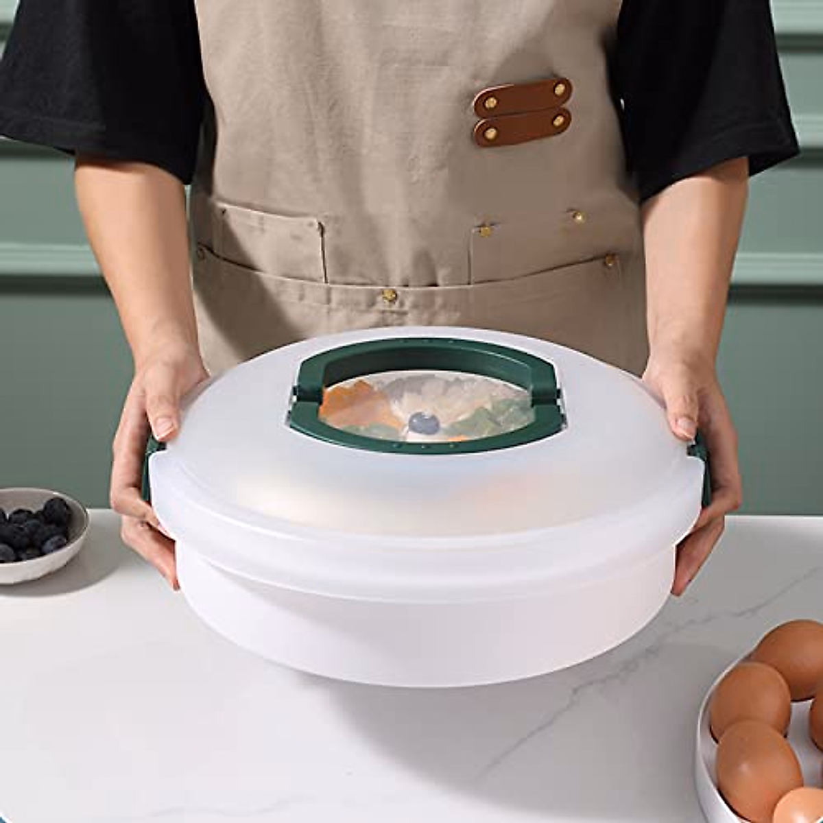 DIIRPPR 10inch 3-In-1 Round Pie Carrier Portable Egg Carrier Deviled Egg Tray Cupcake,Christmas Party Container with with Egg Holder Trays Holds Up to 12 Cupcakes / 18 Eggs (Dark Green)