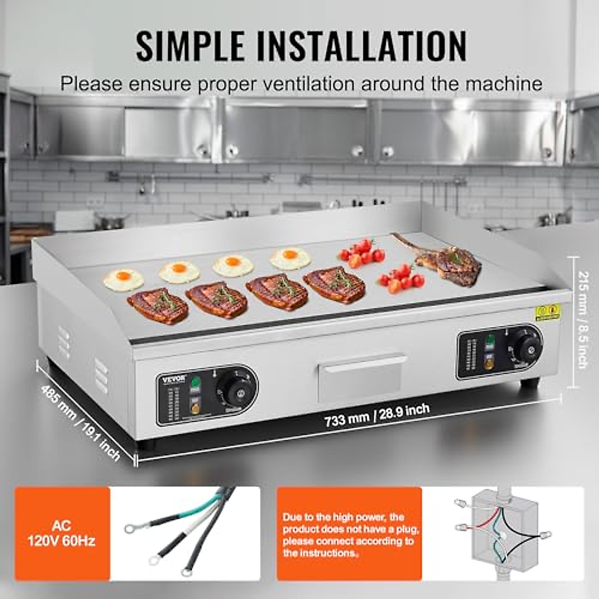 VEVOR 30" Commercial Electric Griddle 3000W Electric Countertop Griddle Non-Stick Restaurant 110V Teppanyaki Flat Top Grill Stainless Steel Adjustable Temperature Control 122°F-572°F (NO PLUG)