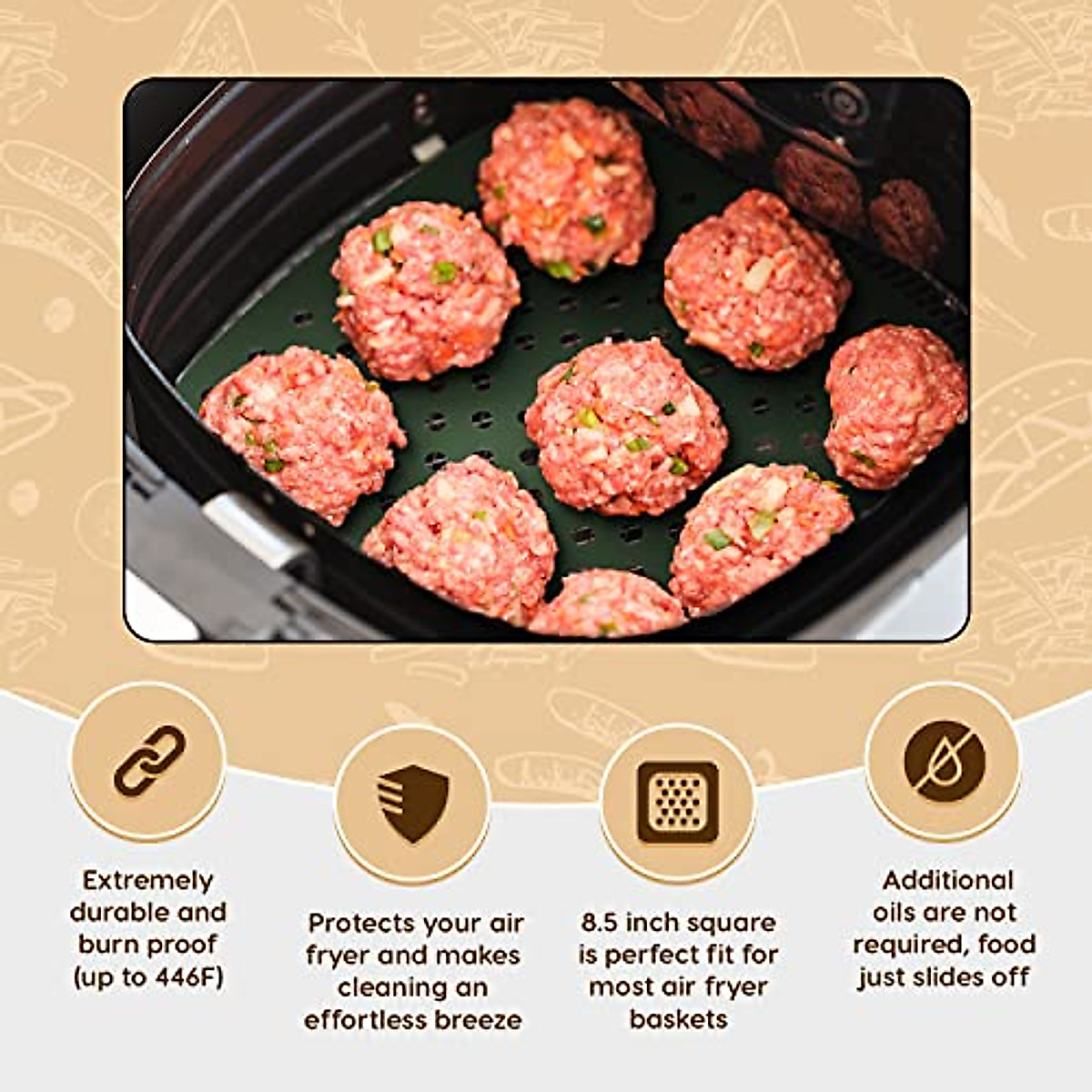 Reusable Silicone Air Fryer Liners by Linda’s Essentials (3 Pack) - Non Stick Easy Clean Air Fryer Liners Reusable Mats Air Fryer Accessories Includes Cheat Sheet And Recipe Book (Square (8.5 Inches))