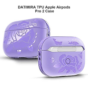 for Airpods Pro 2 Case (2022),DATIMIRA Rose Engraved TPU Apple airpods pro 2nd Generation Case Cover with Strap for Women and Girls,Purple