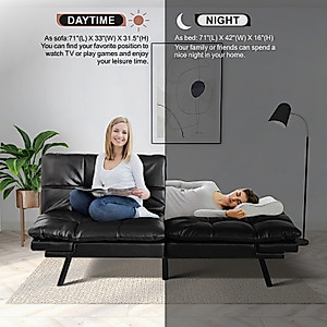 MUUEGM Futon Sofa Bed Convertible Memory Foam Sleeper Couch,Modern Faux Leather Loveseat for Living Room,Small Compact Space,Dorm,Office,Adjustable Armrests Backrest Sofabed, Black