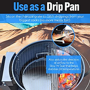 SnS Grills Slow ‘N Sear Porcelain Drip 'n Roast Pan for Kettle Grilling, All-in-One Carbon Steel with Black Porcelain Coating Drip and Roast Accessory - 22” Grill Fit