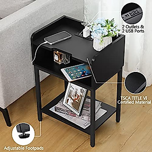 farexon Nightstand with Charging Station and USB Ports,Nightstand with Storage Drawer and Shelf, Small Bedside Table,End Table Night Stand for Bedroom(1 PCS, Black)