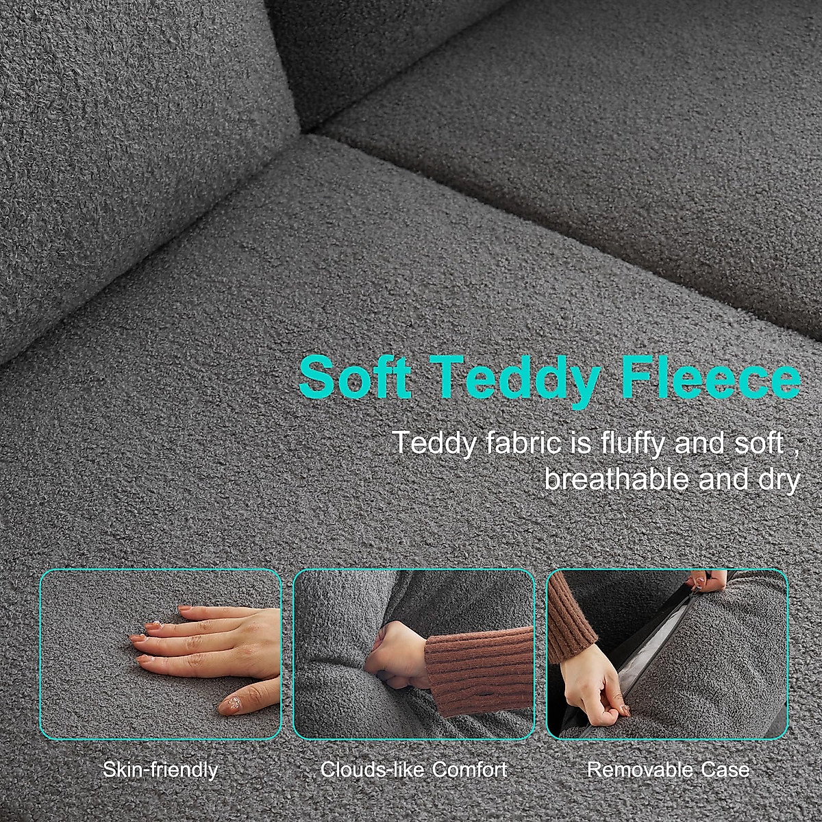 SENYUN 3-Seater Sofa Couch，Comfy Couch with Upholstered Cushions & Square Armrest,Modern Sofa with Deep Seats, Bouclé Home Sofa Couches for Living Room,Apartment,Bedroom,Office(Grey)