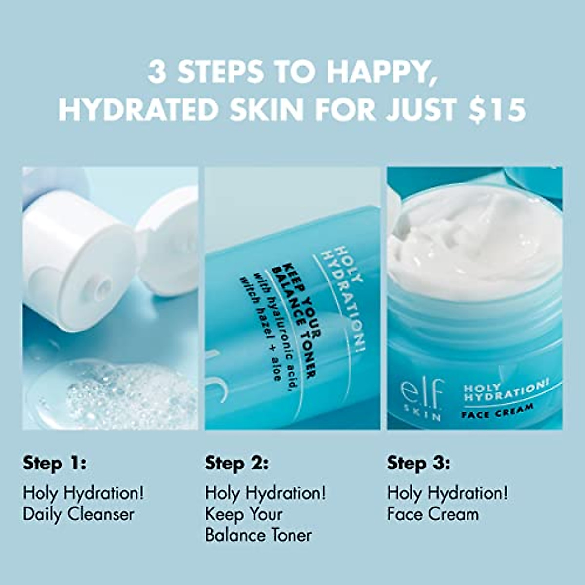 e.l.f. Skin Holy Hydration! The Essentials Mini Kit, Cleanser, Toner & Moisturizer for Hydrated & Balanced Skin, TSA-Friendly Sizes