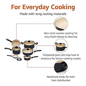 Amazon Basics 11-Piece Ceramic Non-Stick Pots and Pans Set, Dishwasher & Oven Safe, Non-Toxic, Easy Clean, Black/Cream