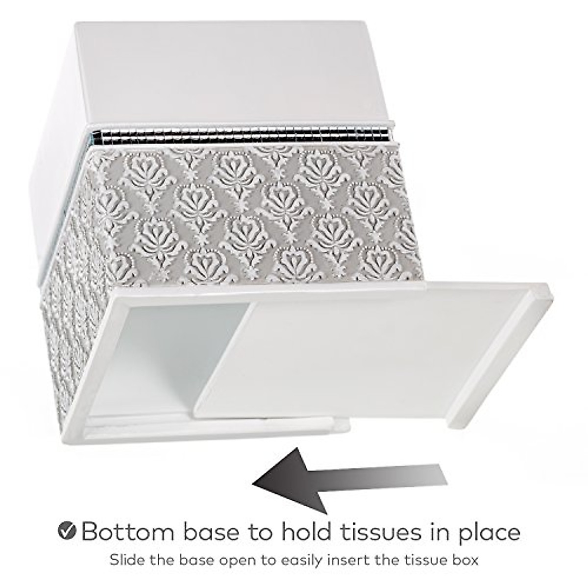 Creative Scents White And Gray Bathroom Accessories Set - Decorative 6-piece Bathroom Set Includes: Trash Can, Tissue Cover, Soap Dispenser, Soap Dish, Toothbrush Holder & Tumbler, Mirror Damask Style