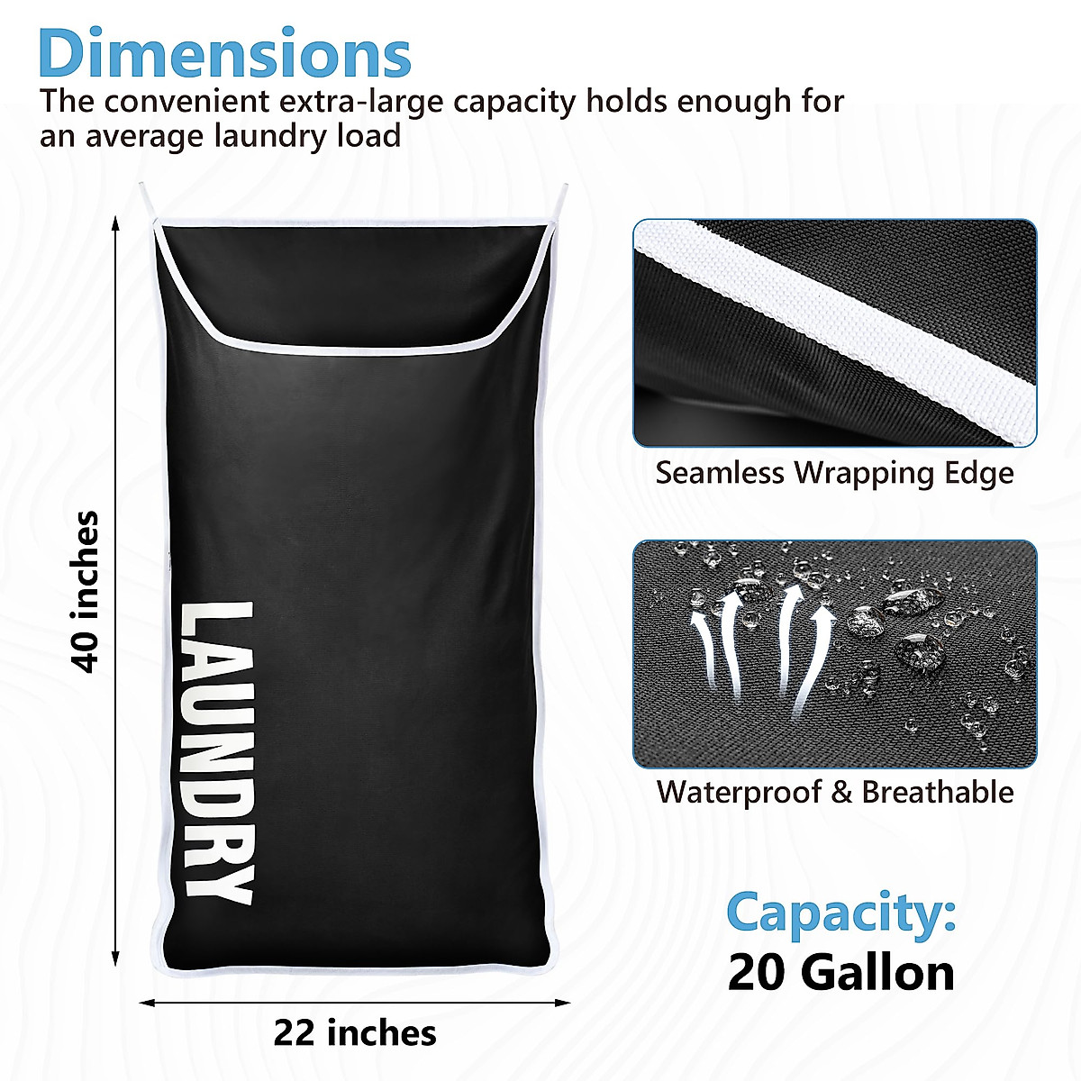 DONAQ Hanging Laundry Hamper Bag XL 40x22", Space Saving over the Door Storage Bags, Behind the Door Hampers for Dirty Clothes & Wall Mounted Basket for Bathroom, Organizer for Small Room Spaces RV