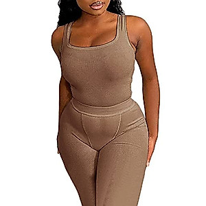 LICOBOD Casual Workout Sets 2 Piece Outfits for Women Ribbed Crop Tank Top High Waist Yoga Leggings Lounge Wear Tracksuit
