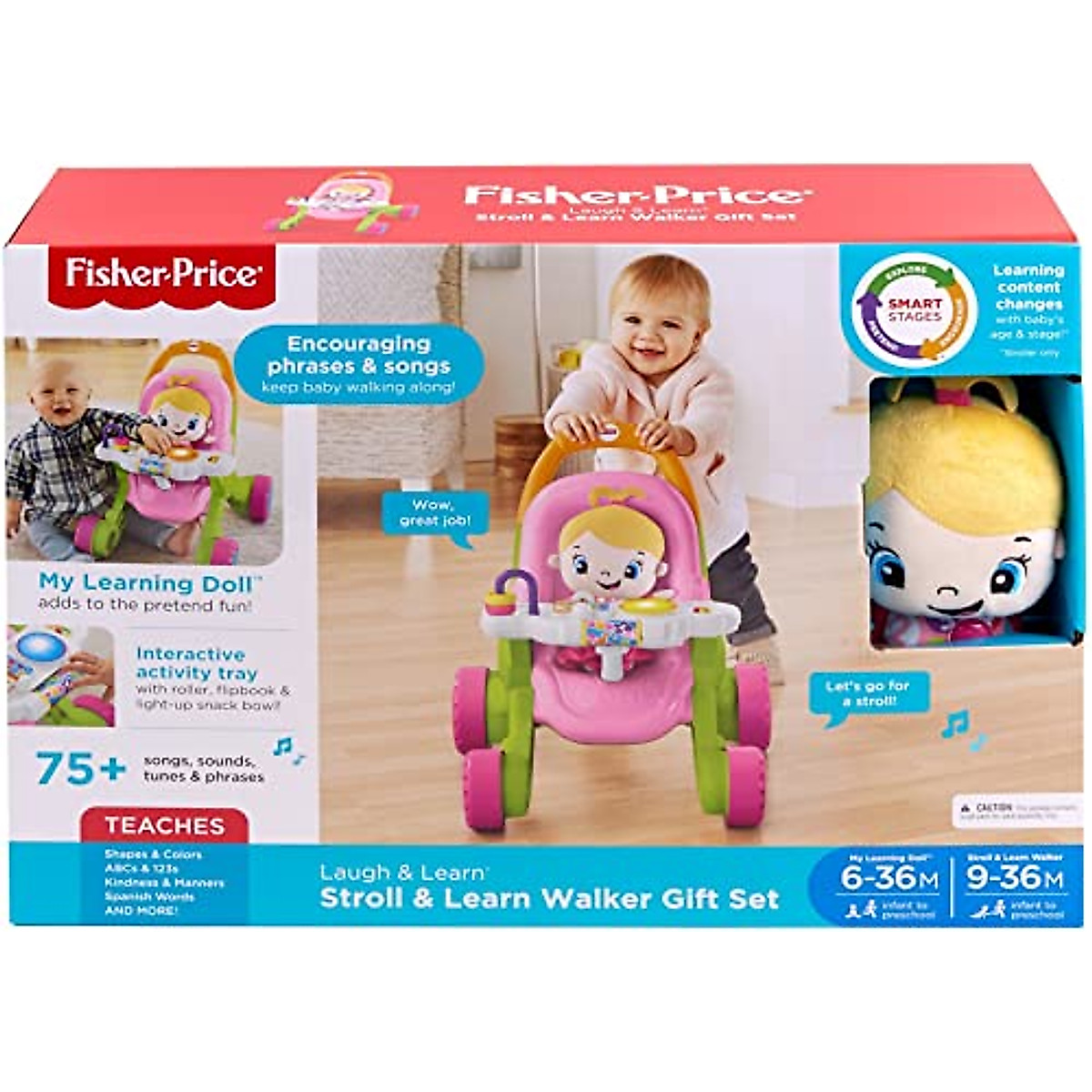 Fisher-Price Laugh & Learn Stroll & Learn Walker Gift Set, Musical Baby Walking Toy and Soft Doll for Infants Ages 9 Months and Older