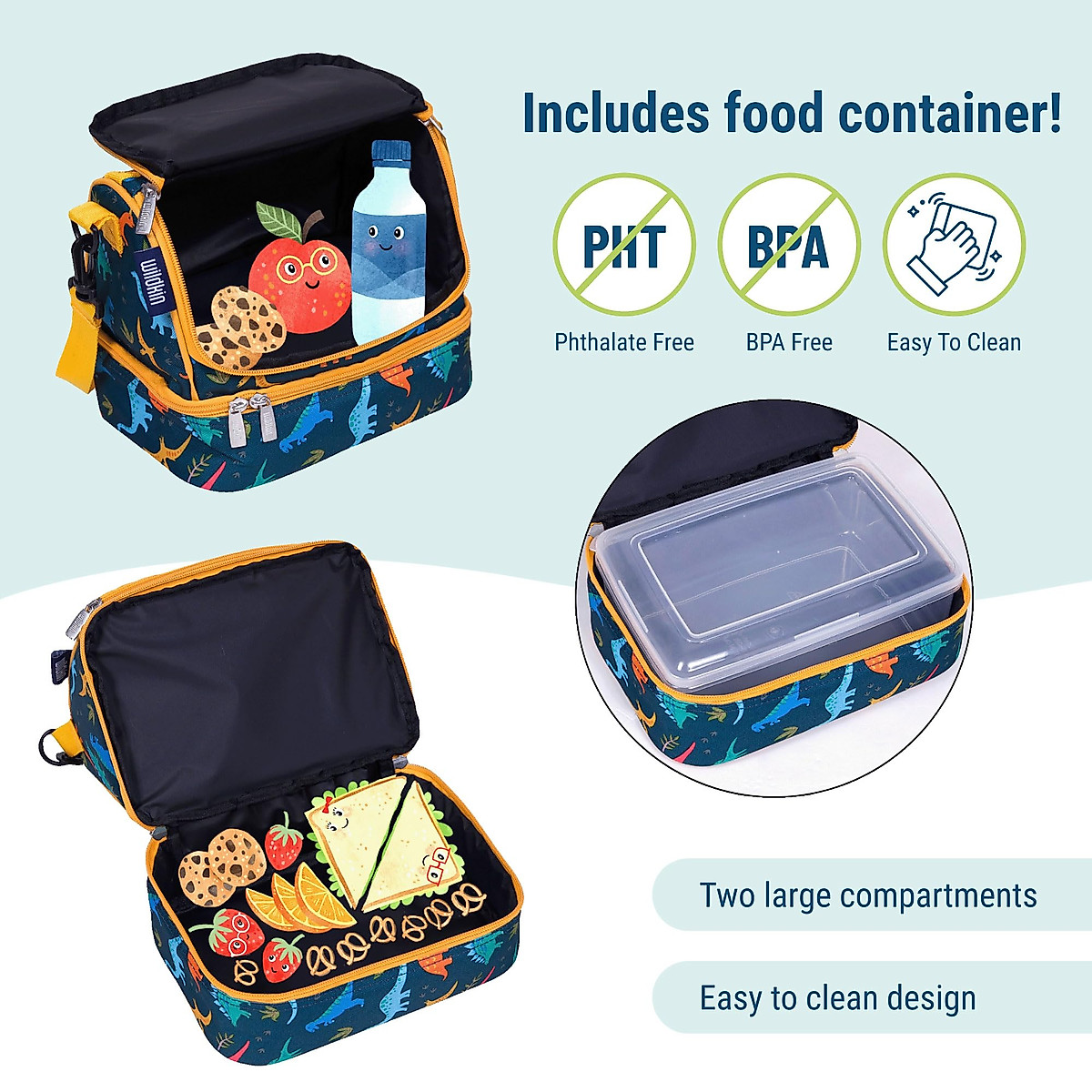 Wildkin Two Compartment Insulated Lunch Bag for Kids – School & Travel Ready - Jurassic Dinosaurs