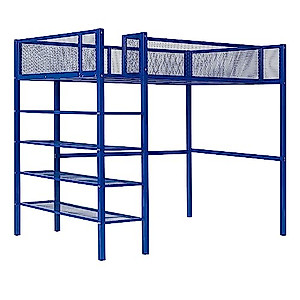 FIQHOME Twin Size Metal Loft Bed with 4-Tier Shelves,Heaty Metal Loft Bedframe with Safety Guardrail and Storage,Space Saving Loft Bed Twin for Kids Teens, Blue