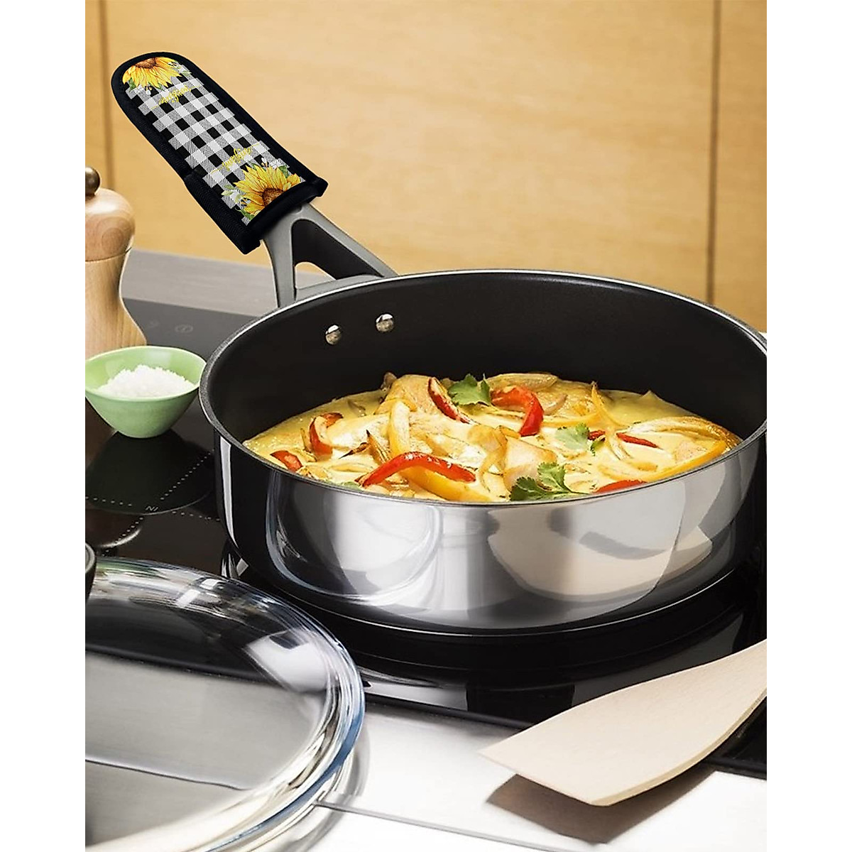 2 Pack Cast Iron Handle Cover, Sunflower Pot Holders Covers Heat Insulation, Spring Floral Summer Botanical Black Plaid Skillet Handle Cover Hot Pan Handle Sleeve for Kitchen Cooking Cookware