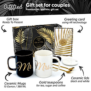 Triple Gifffted Couples Gifts For Wedding Anniversary, Engagement, Christmas, Mr and Mrs Mugs, Him Her, His Hers, Newlywed Couple Gift, Bride Groom, Lids Teaspoons, Ceramic, 380ML