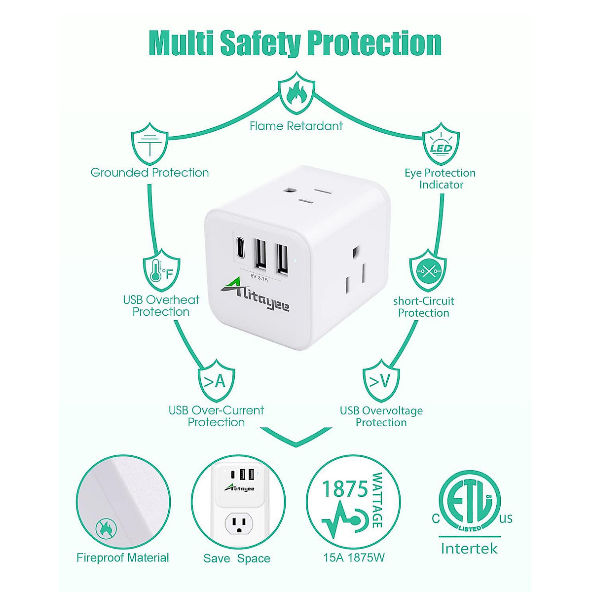 Alitayee USB C Multi Plug Outlet Extender,USB Outlet Splitter, Cube Multi Plug Adapter with 3 Outlets and 3 USB 15.5W Fast Charging, No Surge Protector for Cruise Travel Home Office ETL Listed White