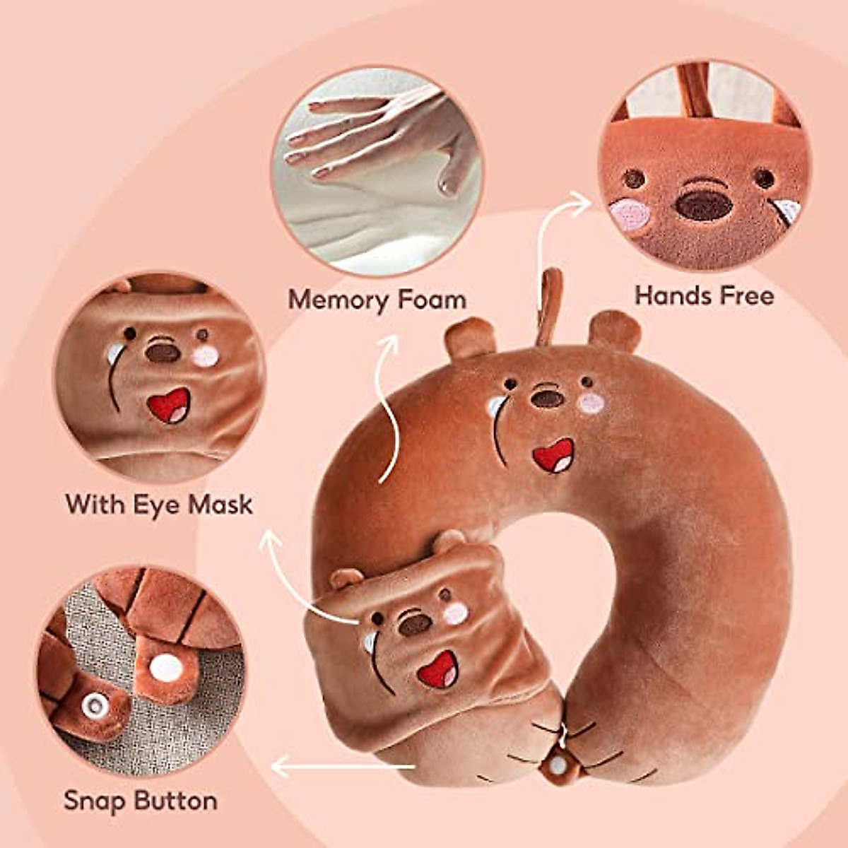 MINISO Travel Neck Pillow with Eye Mask, We Bare Bears Memory Foam Neck Support Cartoon Pillow Valentine's Day Gift for Traveling, Sleeping, Airplane, Car, Home & Office(Grizzly)