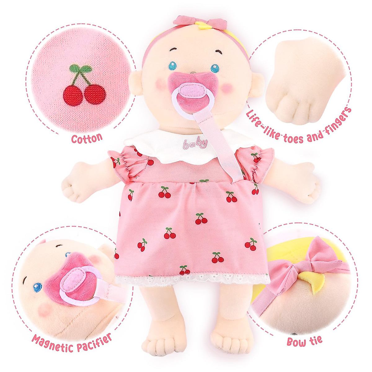 GAGAKU Lovely Baby Doll 12 inch, Soft Plush Doll for Girls Stuffed Huggable Doll Rag Cuddly Doll with Magic Magnetic Pacifier Simulated Baby Bottle for Kids