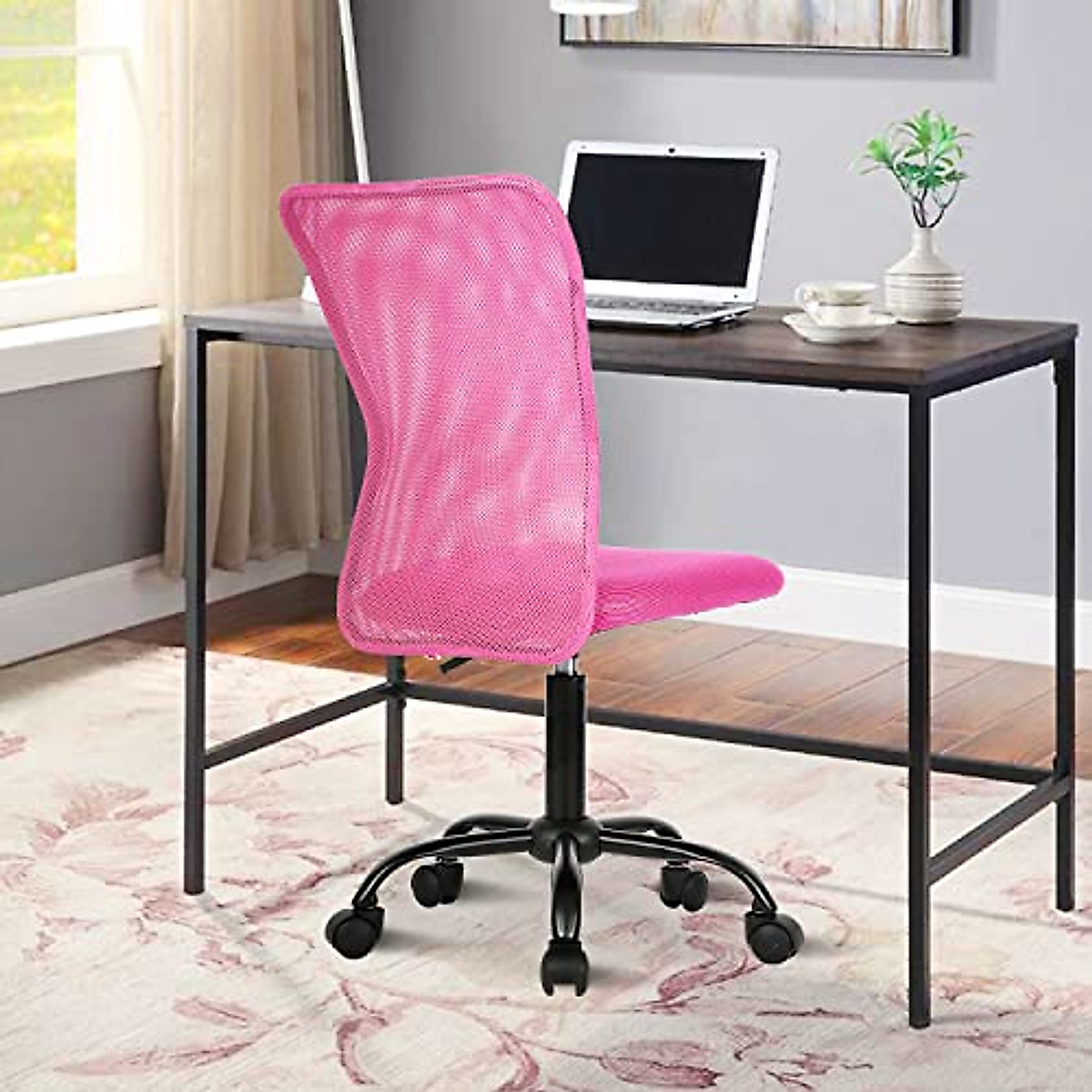 FLL Armless Task Office Chair Ergonomic Computer Desk No Arms Swivel Rolling Chair,Mid Back Executive with Lumbar Support Height Adjustable for Adults(Pink), 20.2 x 16.5 x 40.1 inches