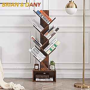 BRIAN & DANY Tree Bookshelf, 6-Tier Book Shelf, Wooden Bookshelves Storage Organizer Shelves for Living Room, Bedroom, Office, Rustic Brown