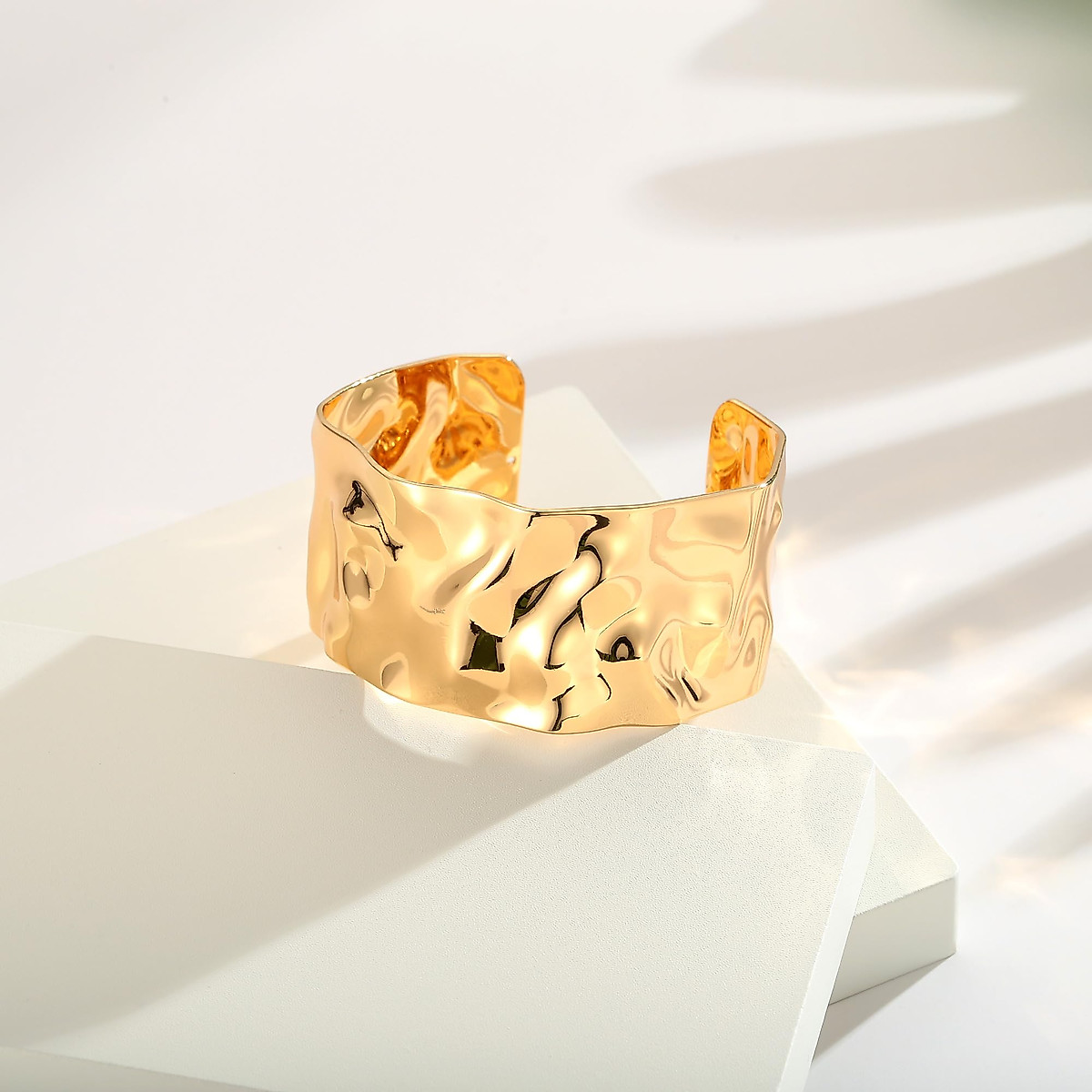 WOWORAMA Hammered Gold Cuff Bracelet for Women Wide Chunky Open Cuff Bangles Vintage Statement Gold Bracelet Adjustable Thick Wrist Cuff Bracelets