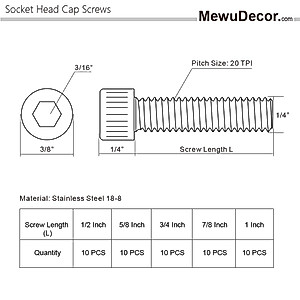 1/4-20 x 1/2", 5/8", 3/4", 7/8", 1" Socket Head Cap Screws, Stainless Steel 18-8 (304), Bright Finish, Fully Threaded, Allen Hex Drive, 50 PCS